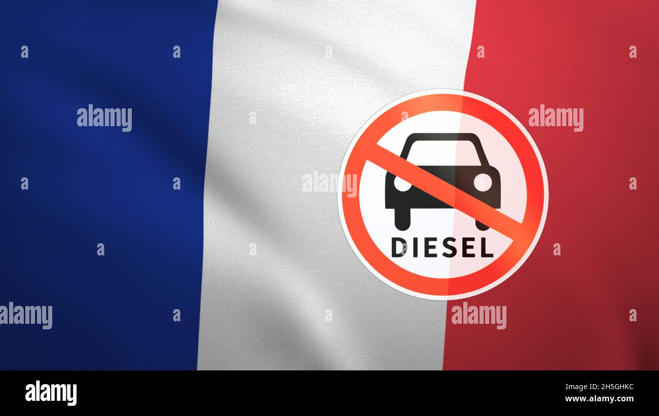 Flag of France with the sign of Diesel fuel ban Stock Photo - Alamy