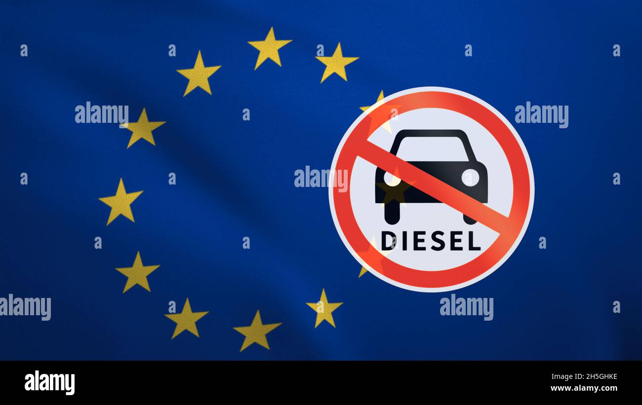 Flag of European Union with the sign of Diesel fuel ban Stock Photo - Alamy