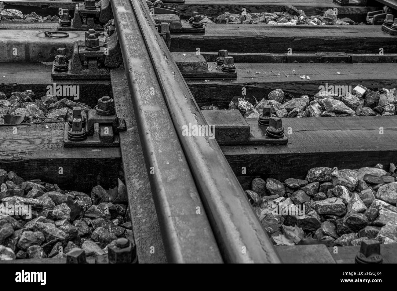 Closeup shot of tracks of a railway line in grayscale Stock Photo - Alamy