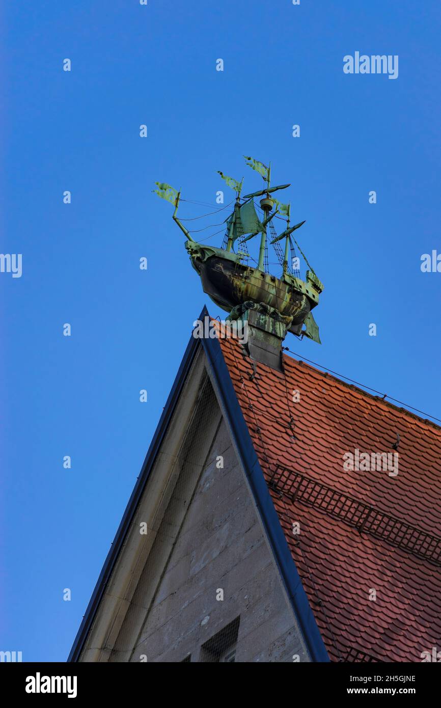 22 May 2019 Munich, Germany - decorative ship at rooftop at central ...