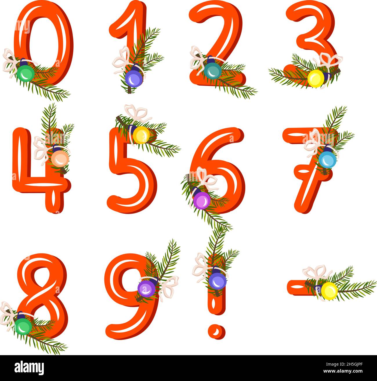 Red numbers with green Christmas tree branch, ball and bow. Festive ...