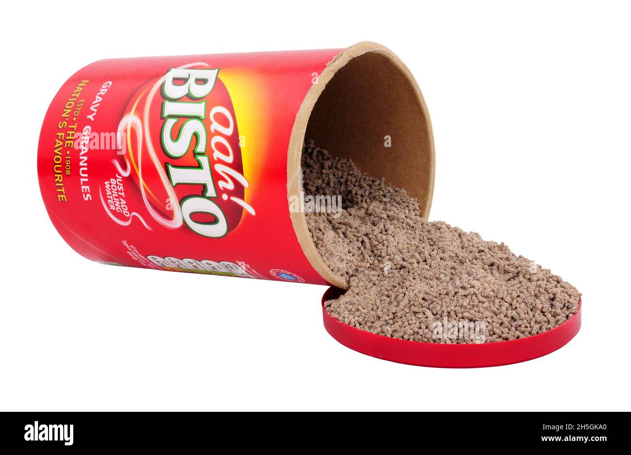 Opened pack of Bisto gravy granules isolated on a white background ...