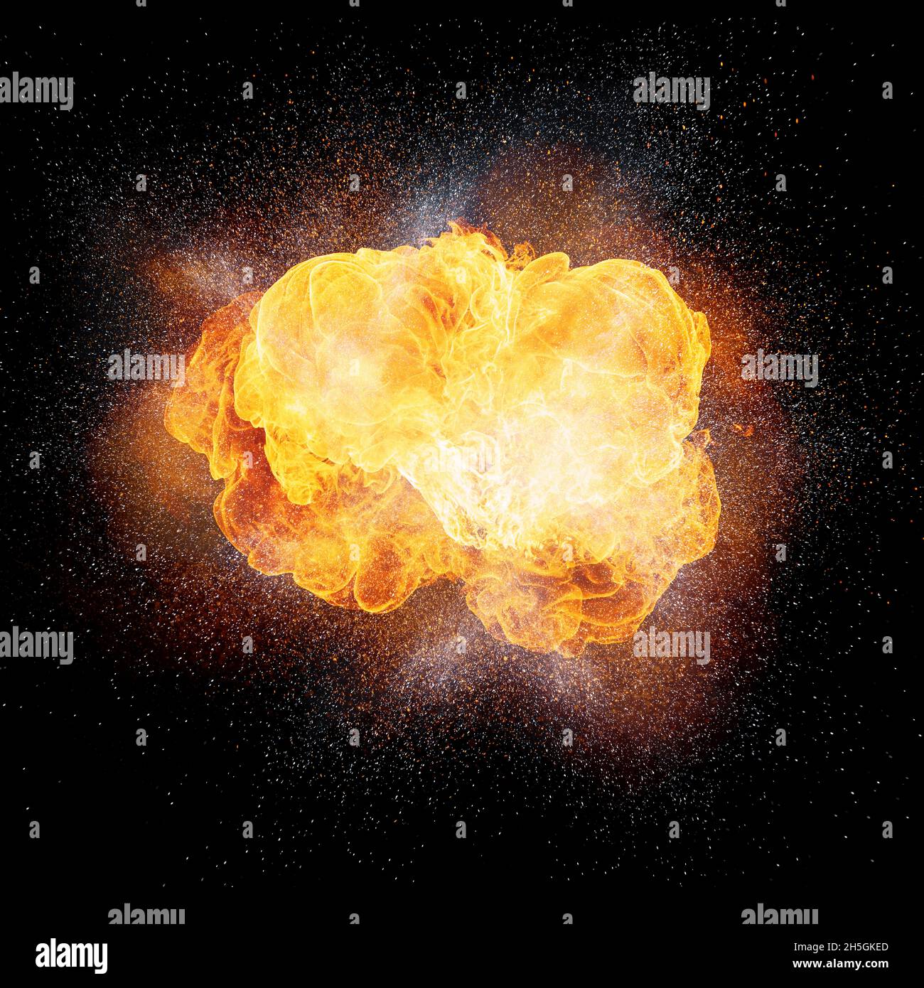 Realistic fiery explosion with sparks and smoke isolated on black ...
