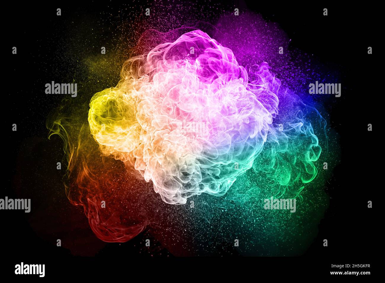 Realistic multi colored flames explosion isolated on black background ...