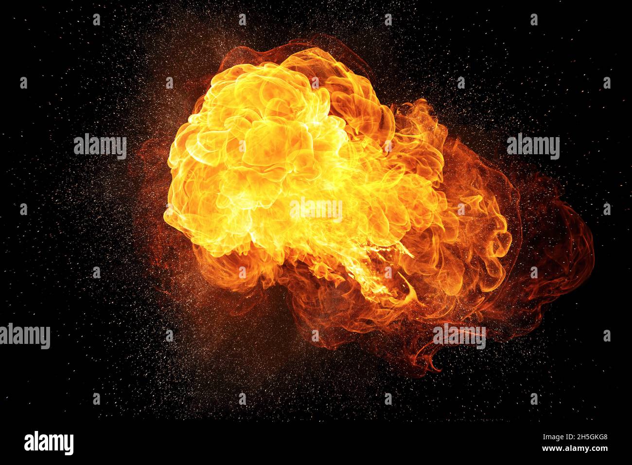 Realistic fiery explosion with sparks and smoke isolated on black ...