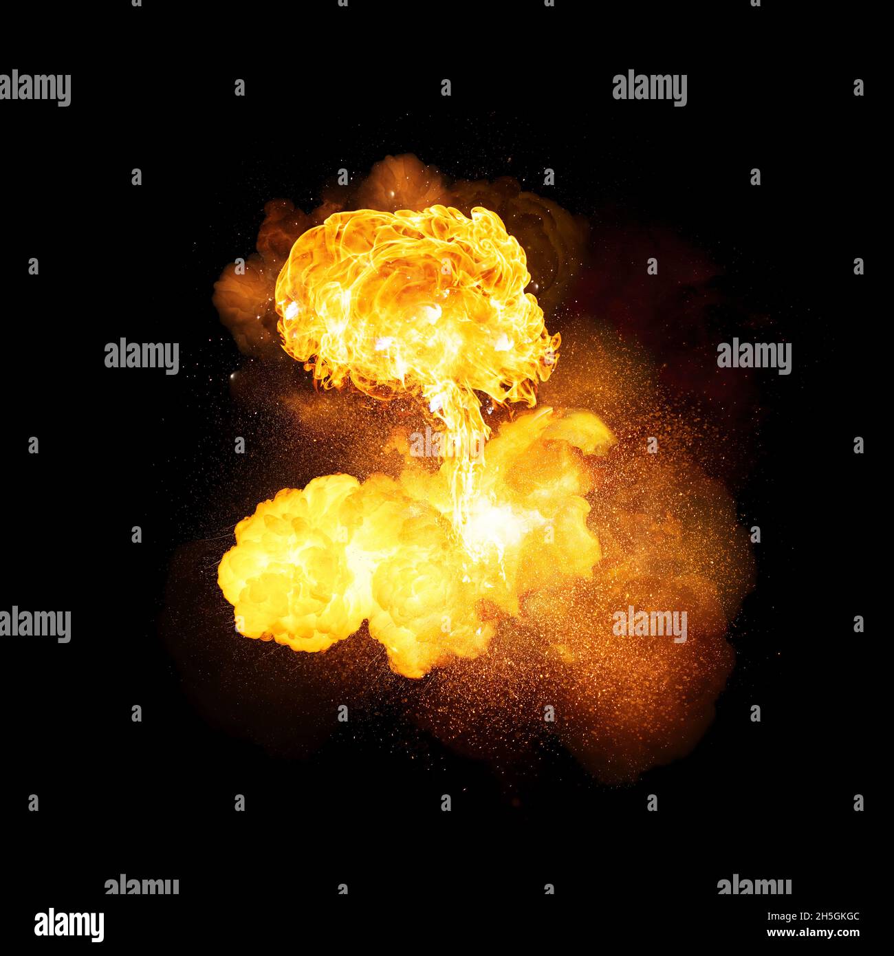 Realistic fiery explosion with sparks and smoke isolated on black ...