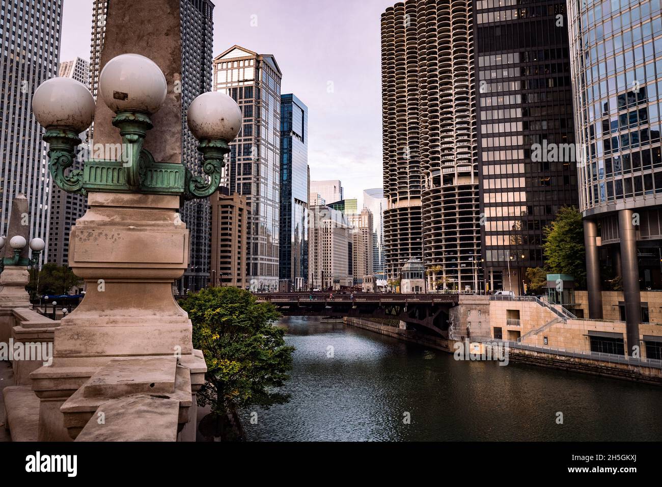 Early morning view of the main stem of the Chicago River with ...