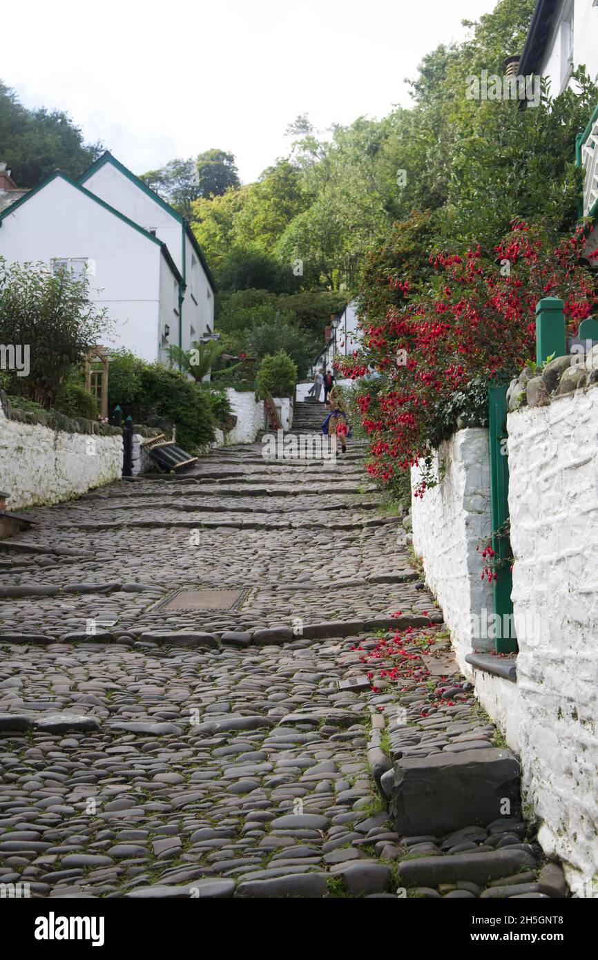 Cobblestone staircase down into Clovelly Stock Photo - Alamy