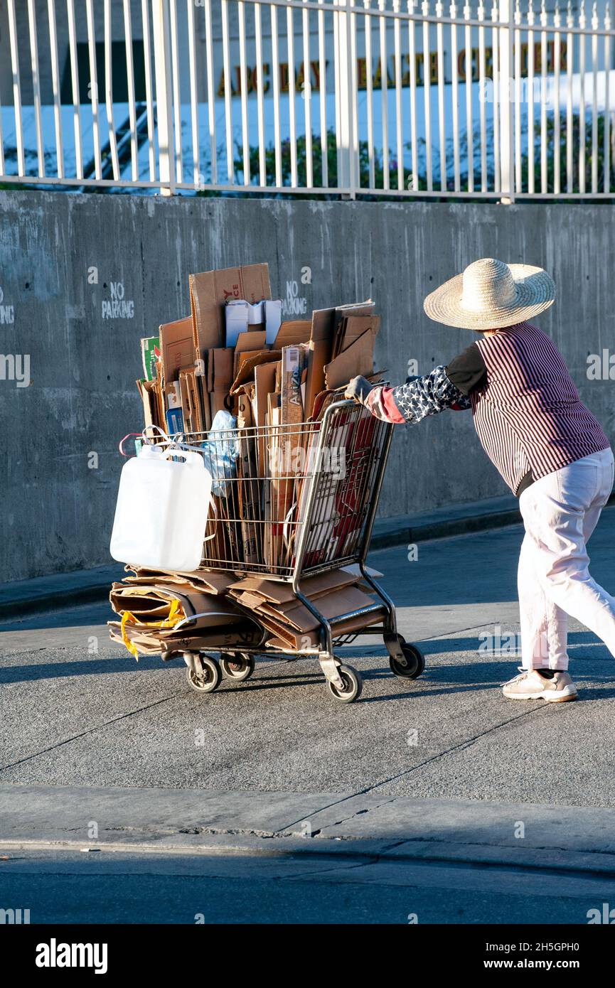 Person pushing a shopping cart full of cardboard for recycling Stock ...