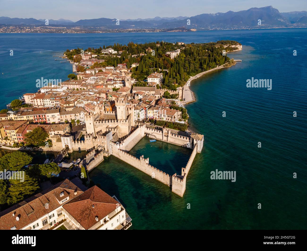 Aerial view of Castello Scaligero (Scaligero Castle), an ancient ...