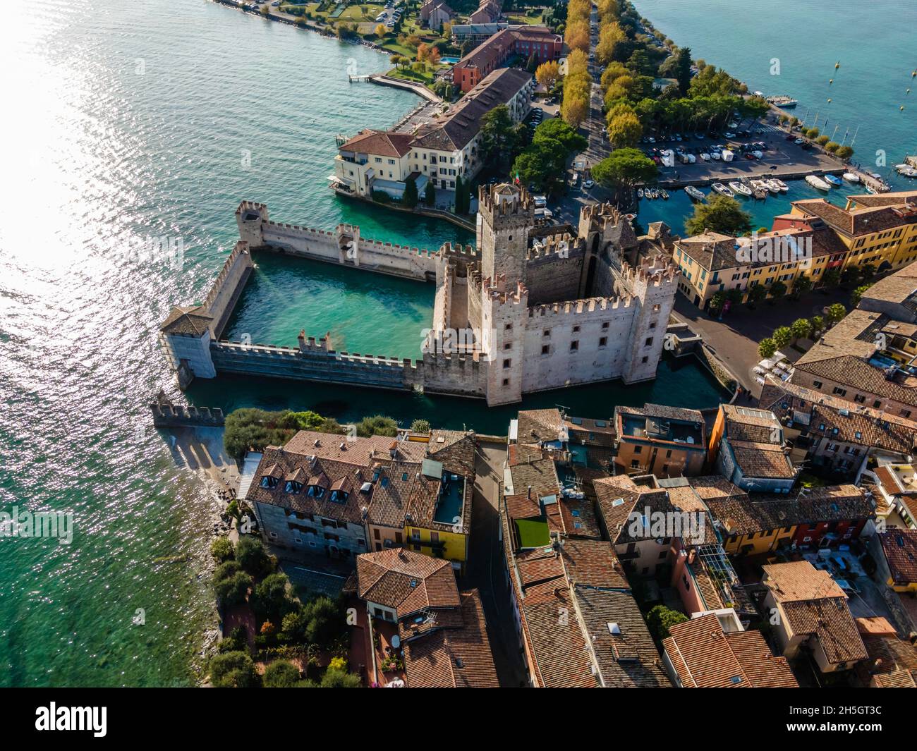 Aerial view of Castello Scaligero (Scaligero Castle), an ancient ...