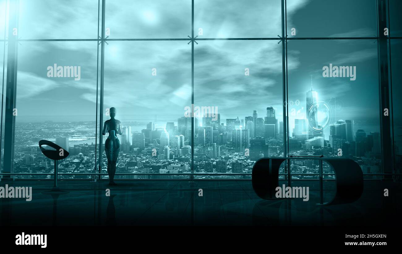 Sci-fi scene with a robot working in a futuristic office, 3D render ...