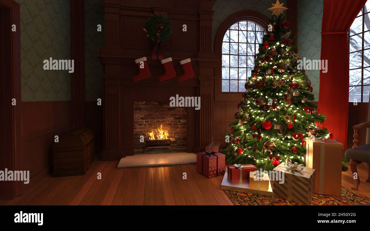 3D illustration christmas room vintage style interior Stock Photo - Alamy