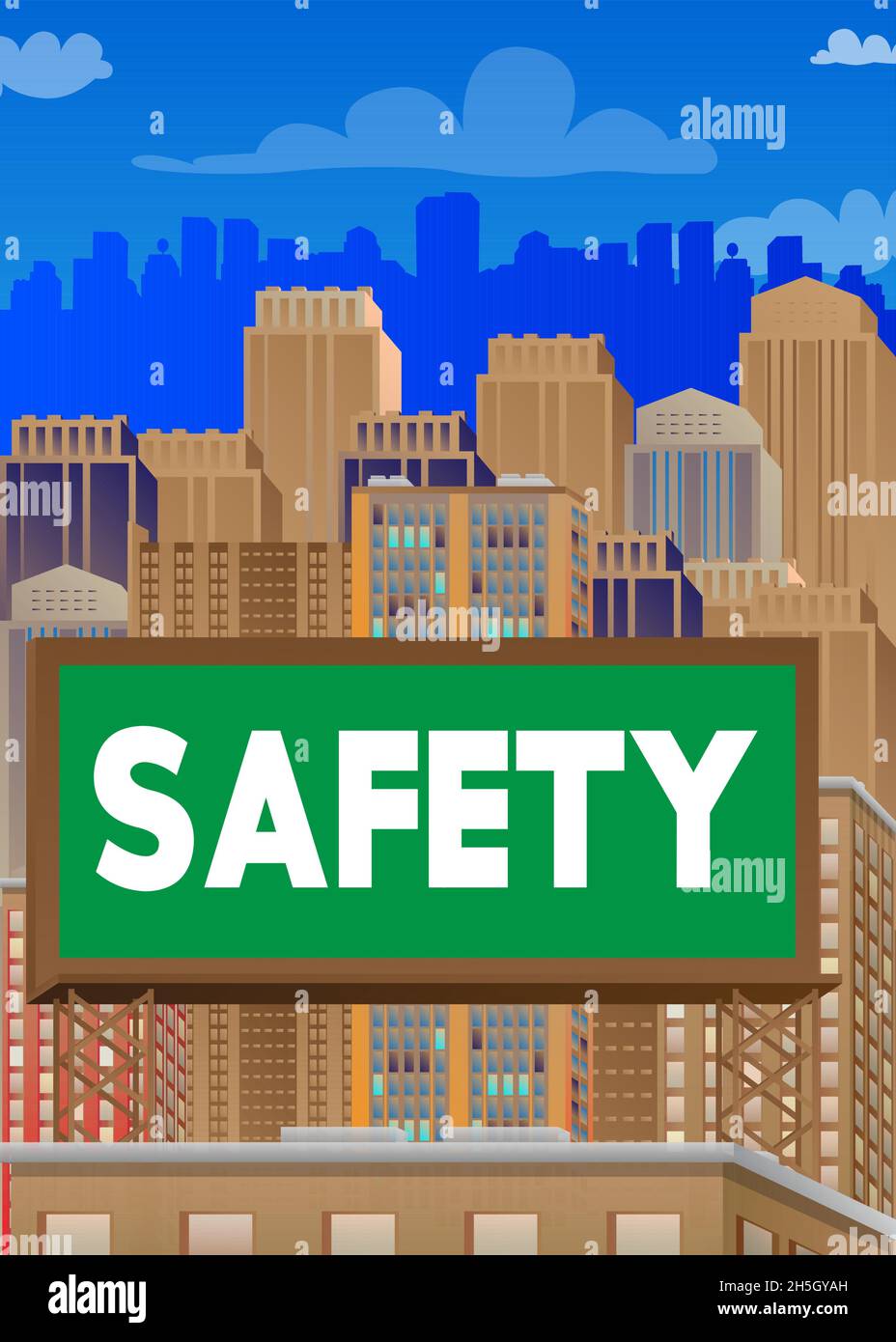 Safety text on a billboard sign atop a brick building. Outdoor ...