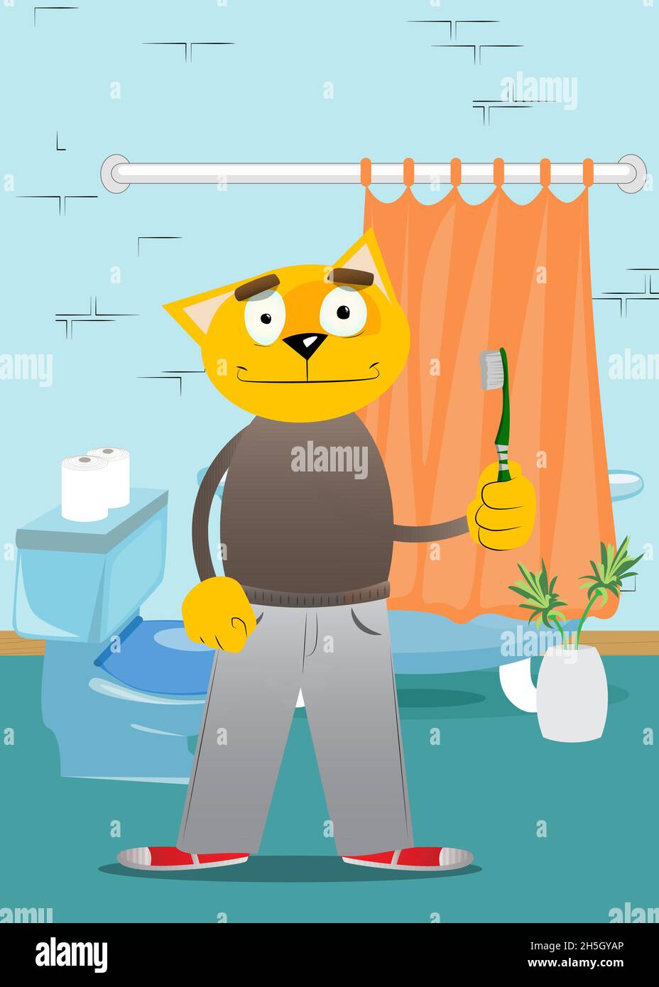 Funny cartoon cat holding toothbrush. Vector illustration. Cute orange ...