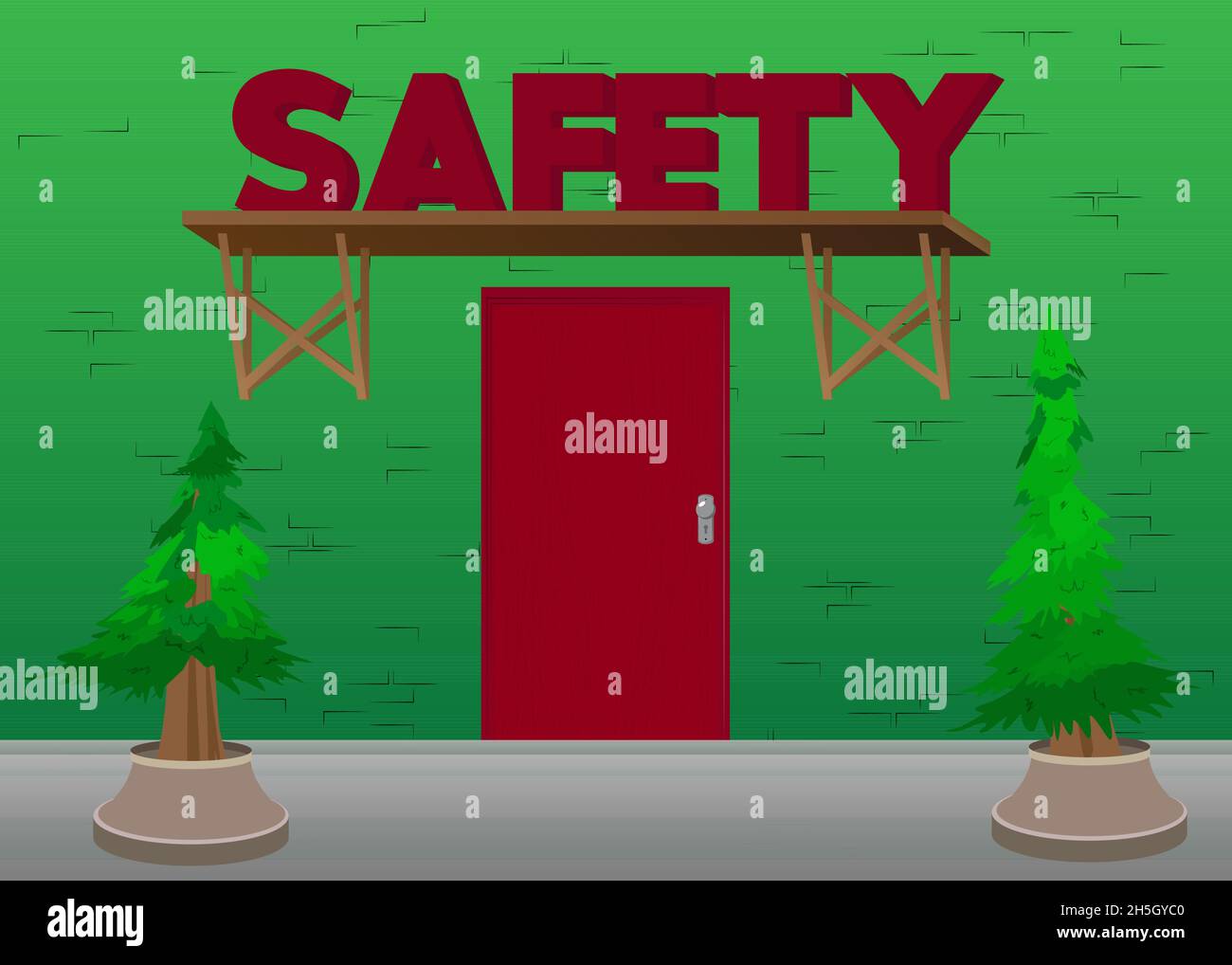 Safety text with front door background. Store, Cafe or Restaurant front ...