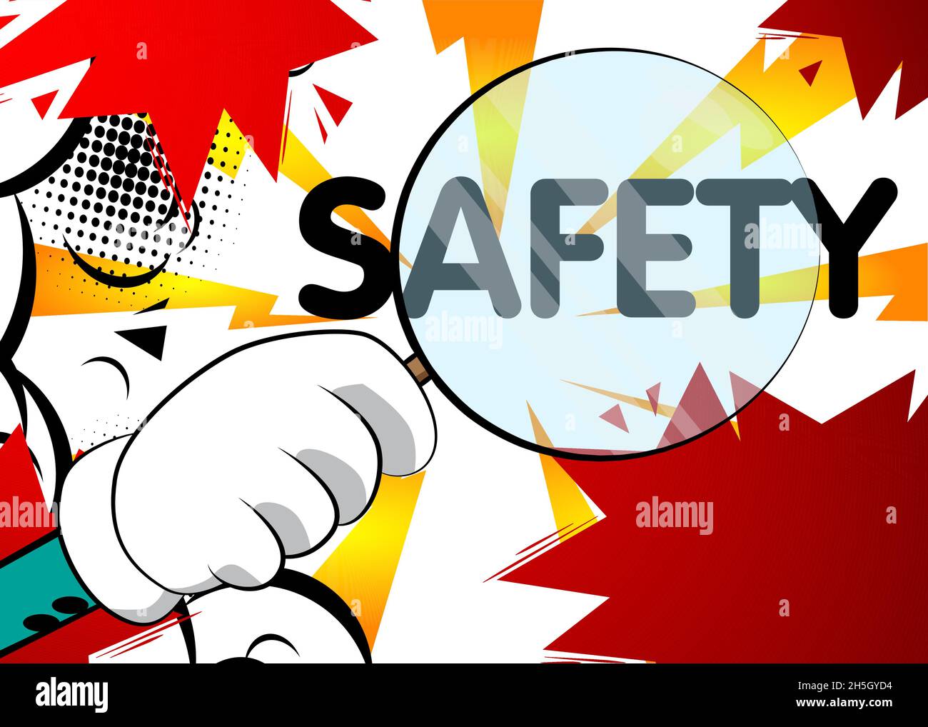 Safety text under magnifying glass illustration on white and red comic ...