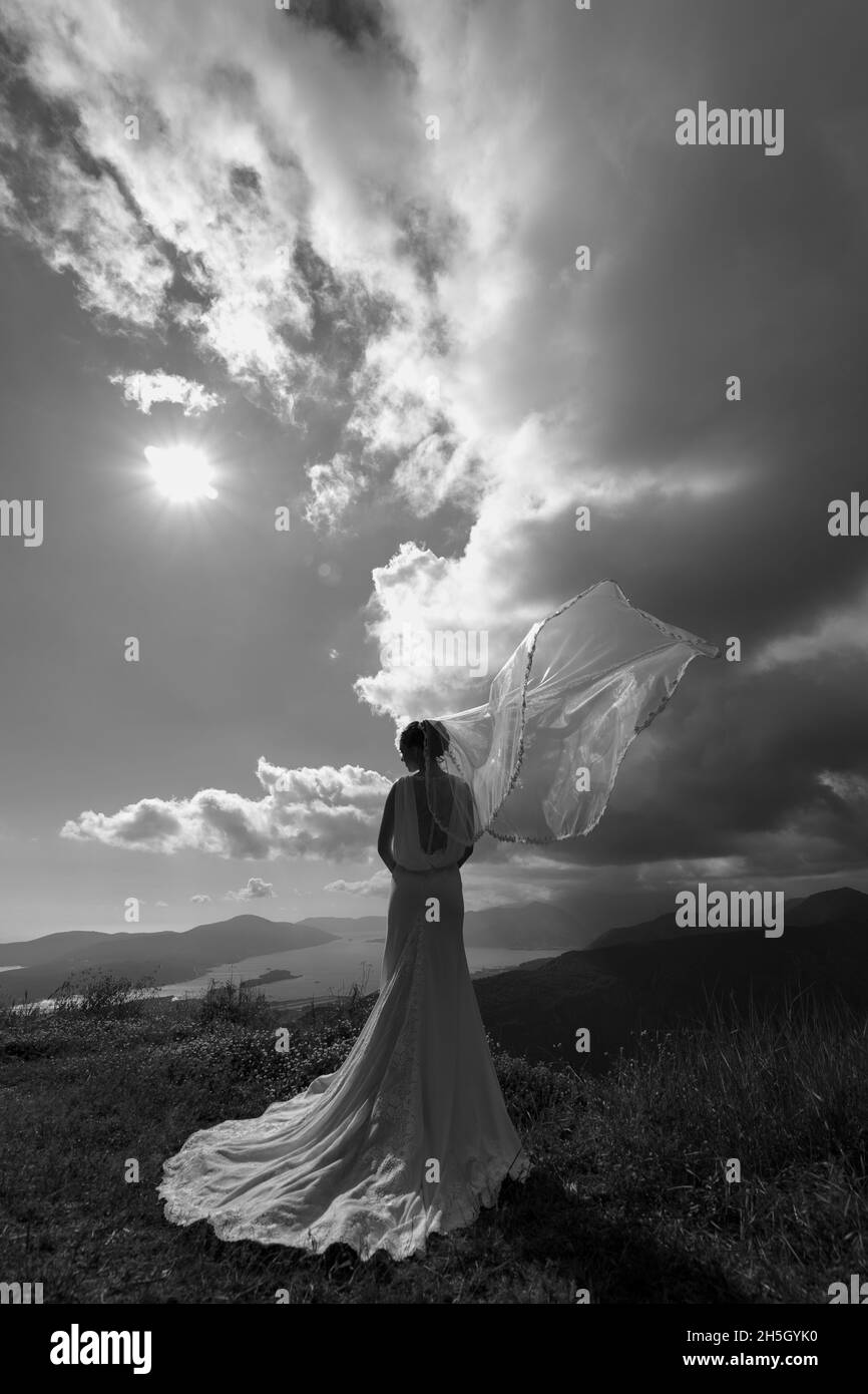 Bride in a veil fluttering in the wind and a long white dress stands on ...