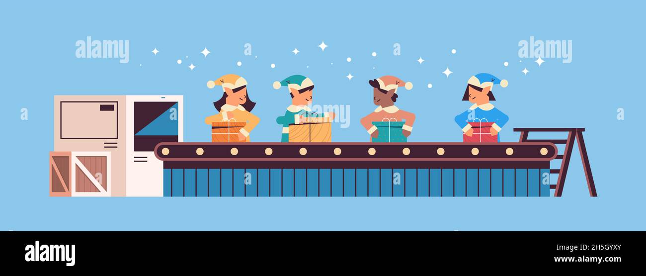 elves team putting gifts on machinery line conveyor belt happy new year ...