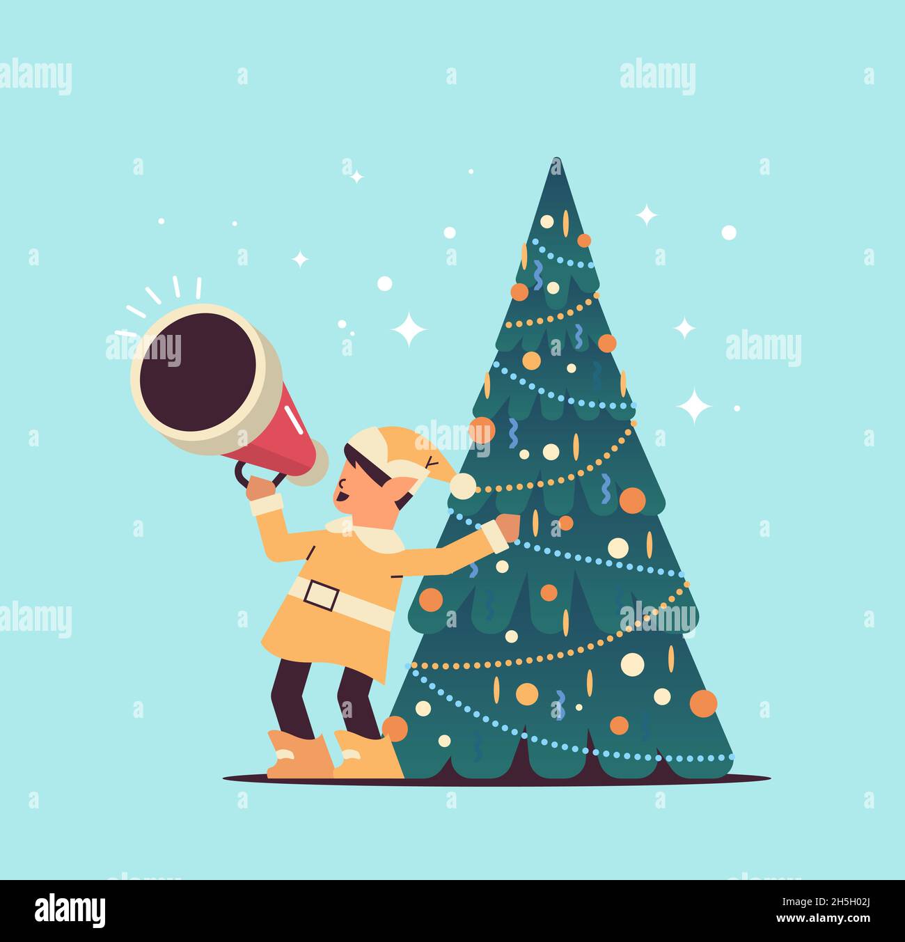 elf shouting in megaphone santa helper making announcement new year and ...