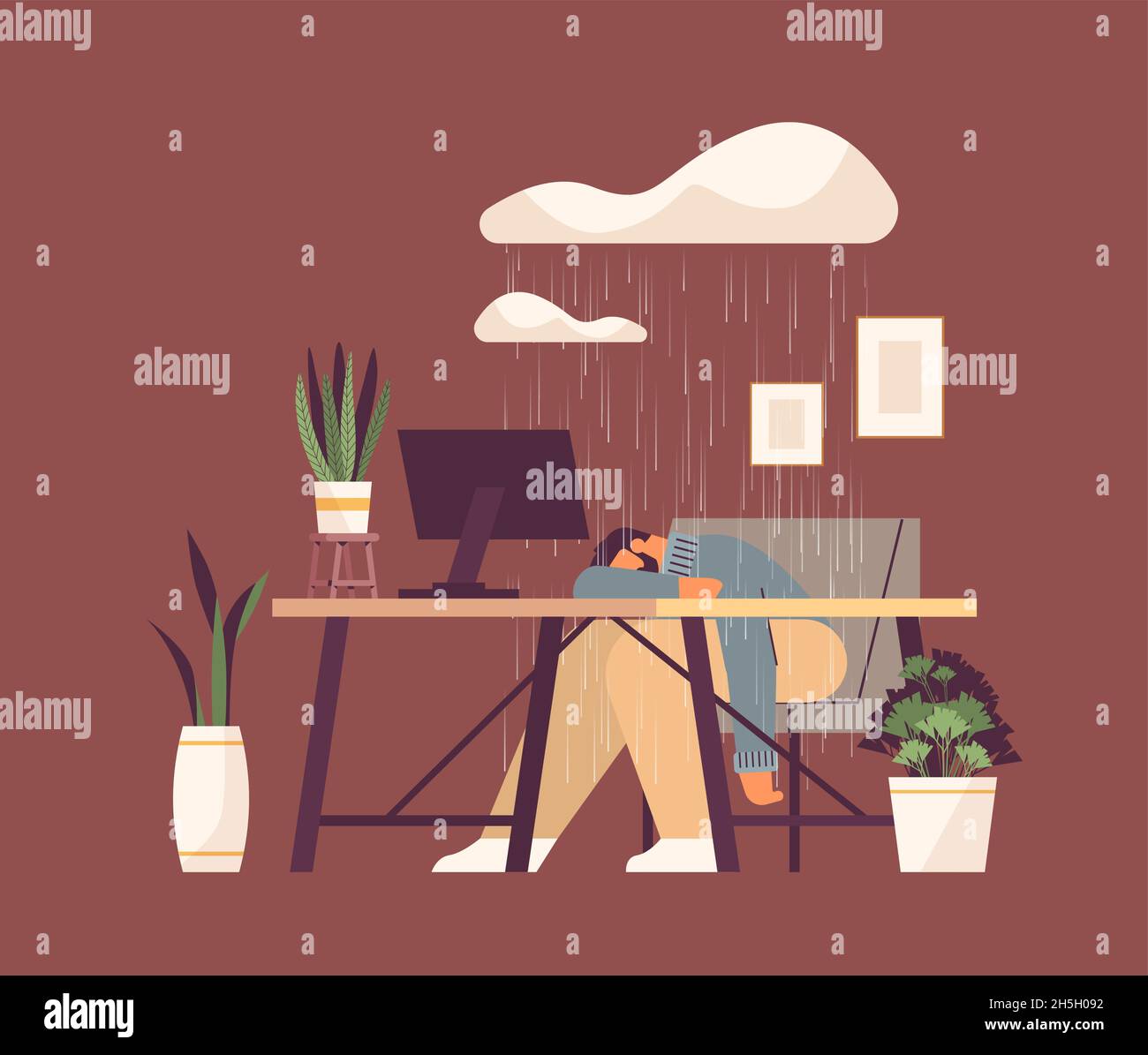 tired depressed businessman sleeping at workplace under rain cloud guy ...