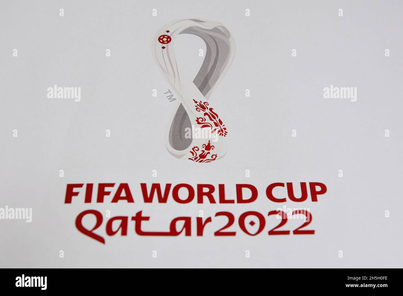 Official logo FIFA World Cup 2022 in Qatar printed on banner during ...
