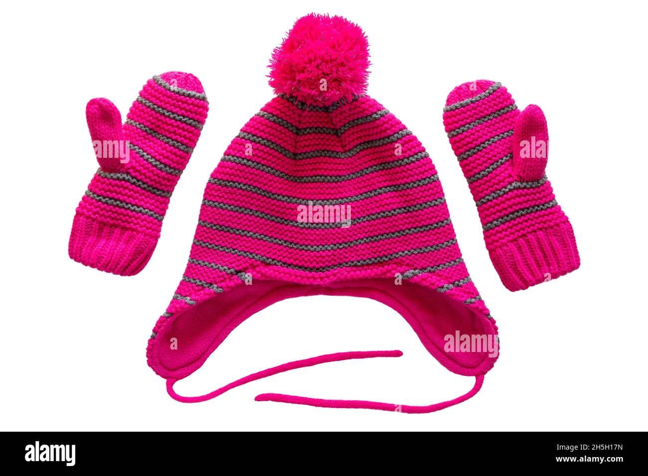 Set of pink winter hat and mittens for children isolated on white ...