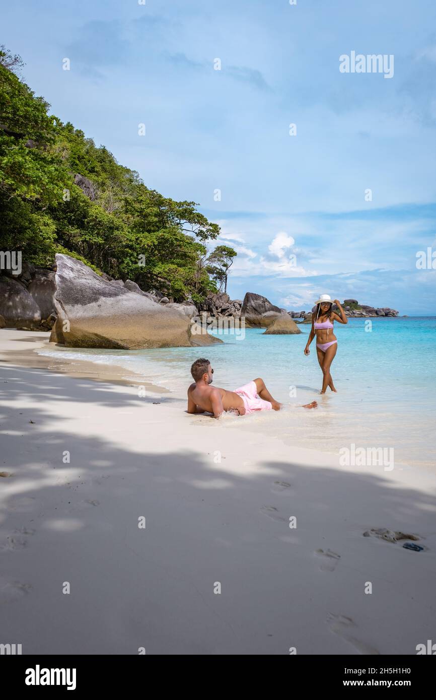 Similan Islands Phuket, tropical white beach with palm trees and blue ocean in Thailand Andaman ...