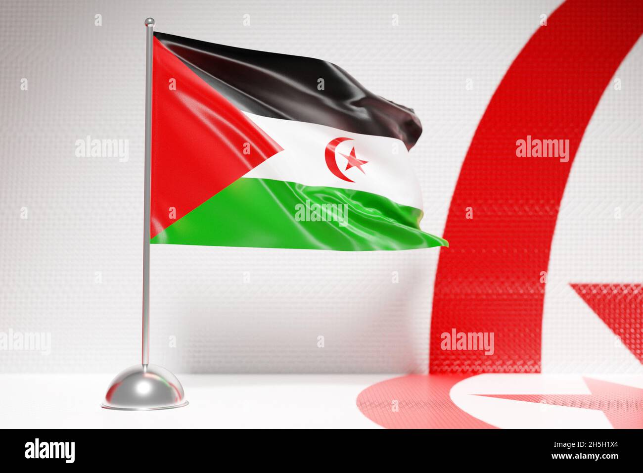 3D illustration of the national flag of West Sahara on a metal flagpole ...