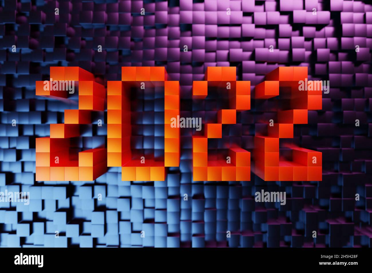 3d illustration of inscription 2022 from orange cubes, lines ...