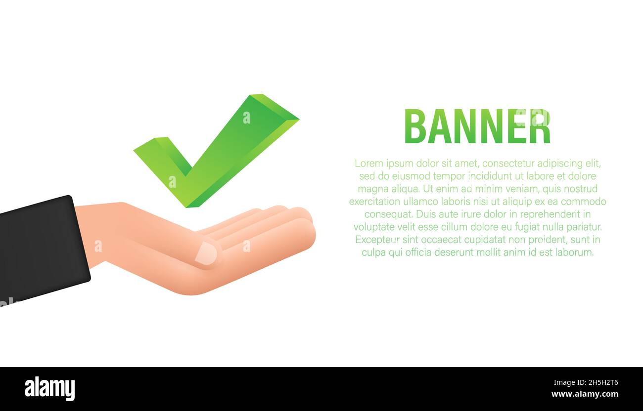 Check mark hanging over hands. Green approved star sticker on white ...