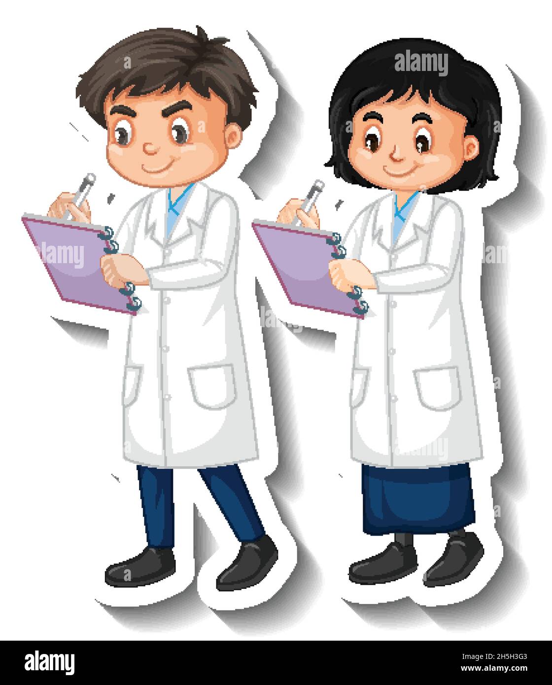 Scientist couple kids cartoon character sticker illustration Stock ...