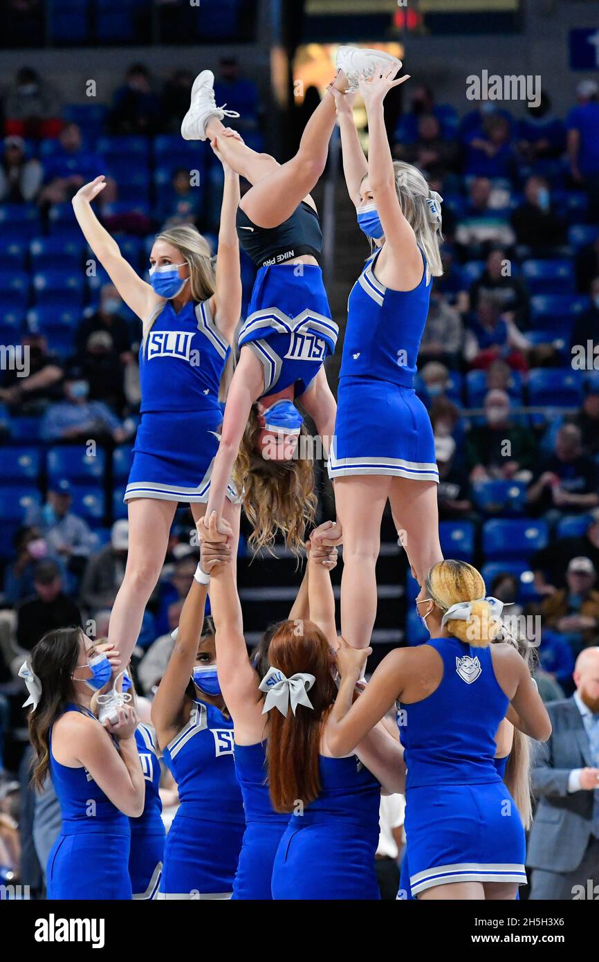 November 9, 2021: The Saint Louis cheerleaders perform a stunt in a ...