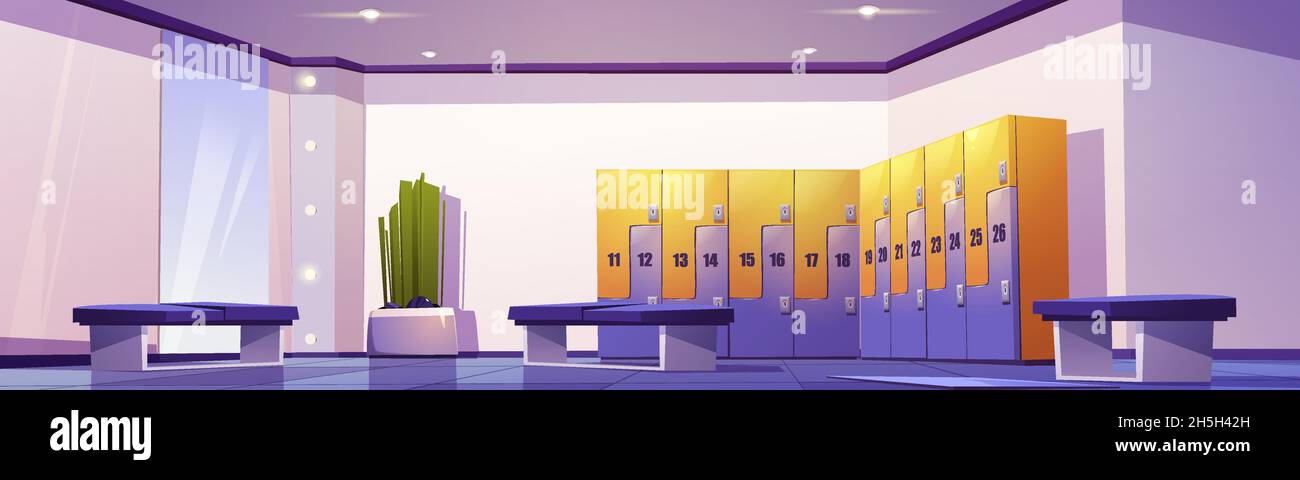 Dressing room with lockers in school or gym, empty interior with metal ...