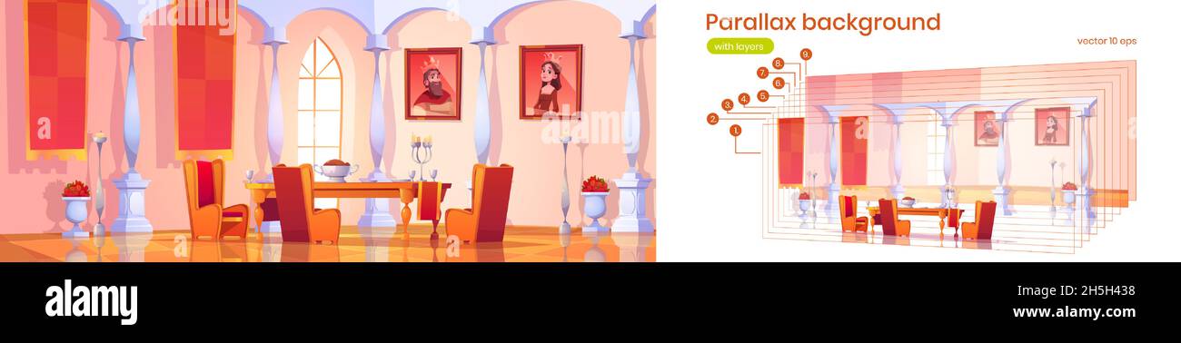 Parallax background dining room interior in royal castle with feast ...