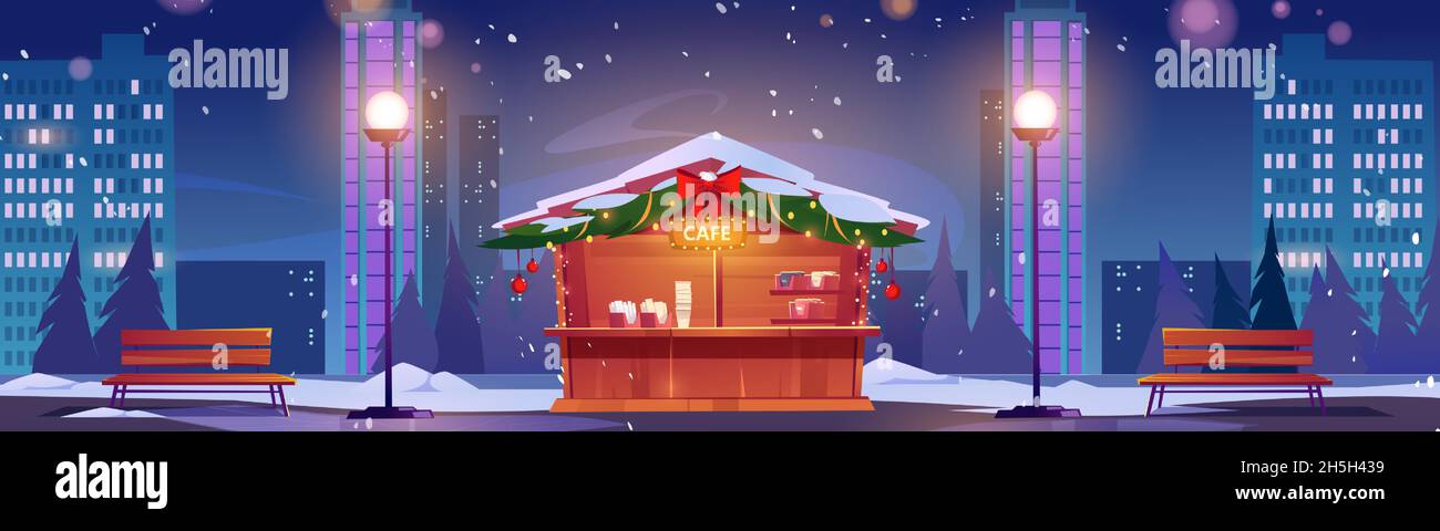 Street cafe with christmas decor at winter night cityscape background ...