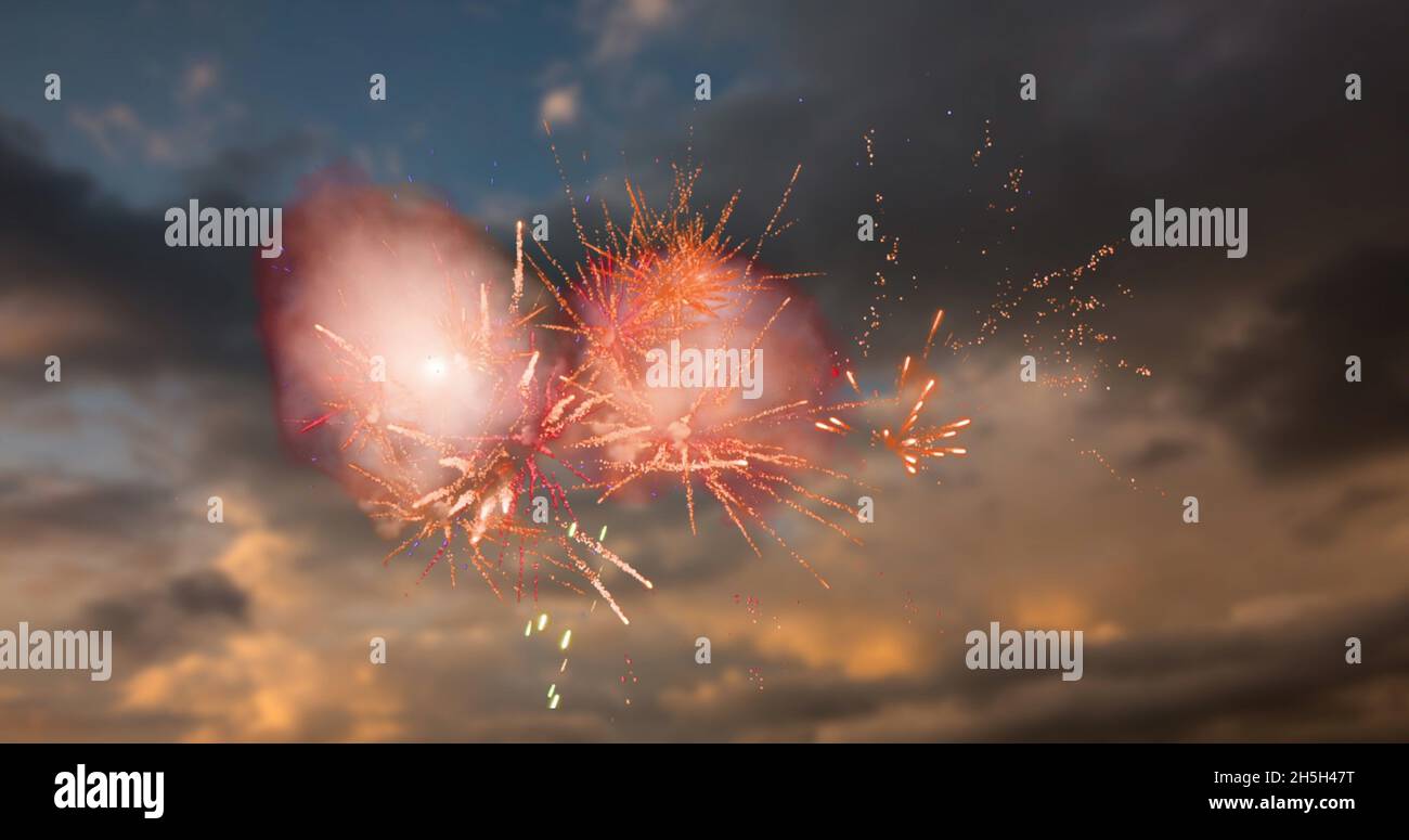 Digital image of red fireworks exploding in the sky with clouds during sunset Stock Photo - Alamy