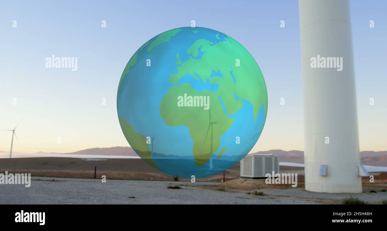 Panning view of wind turbines and world globe rotating and pulsating ...