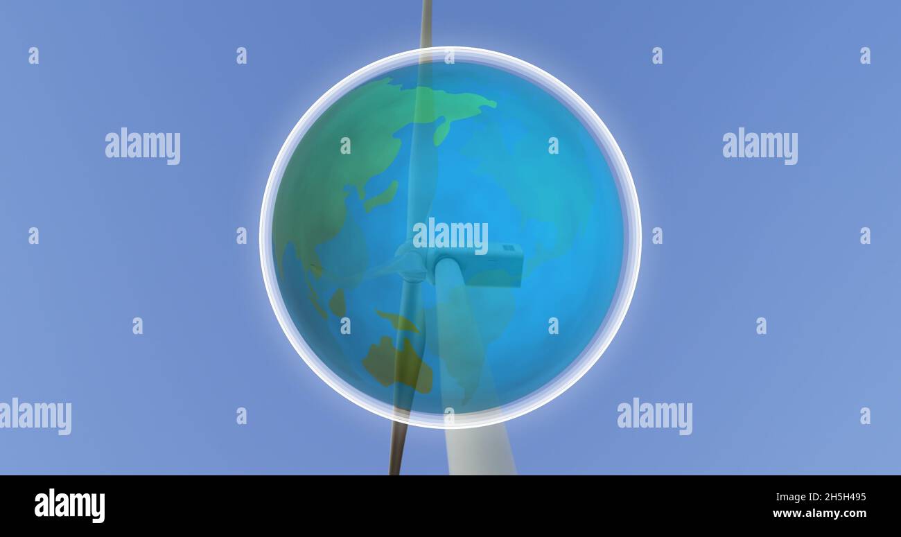 Panning view of wind turbines and world globe rotating and pulsating ...