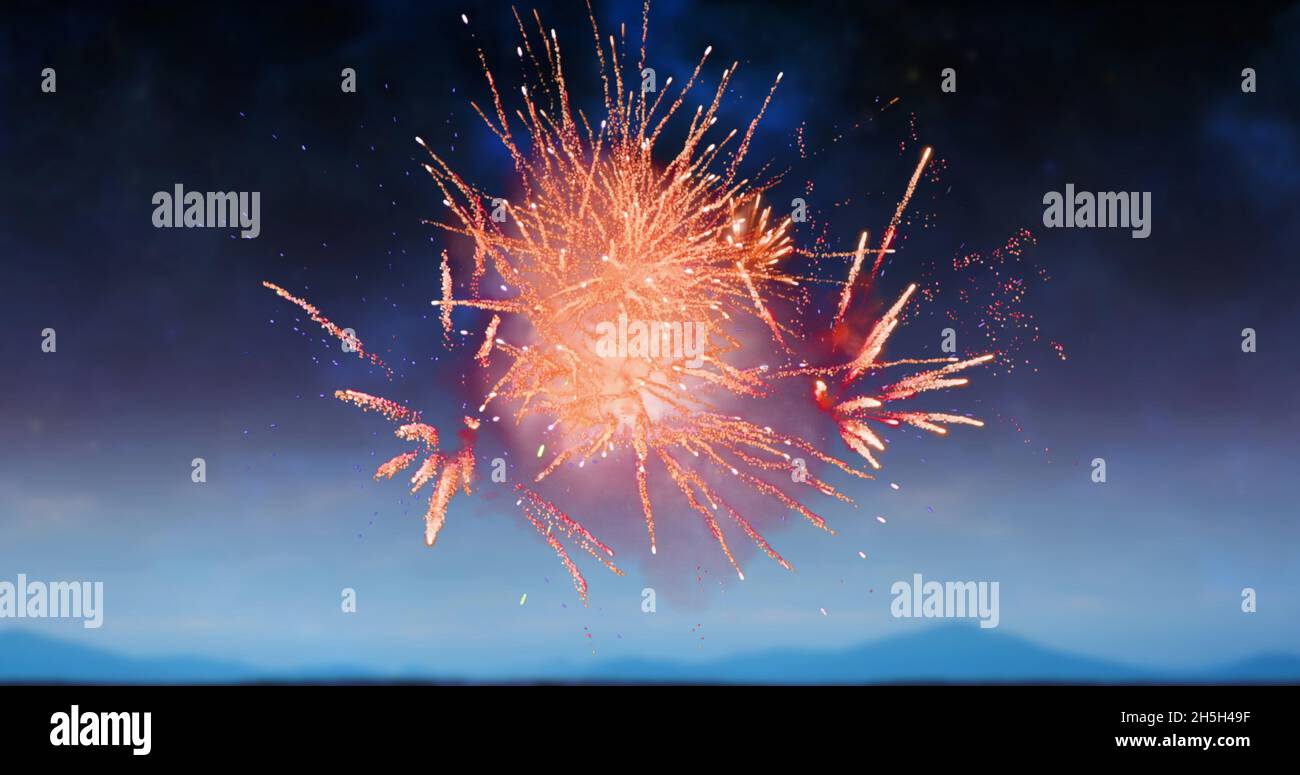 Digital image of red fireworks exploding in the dark sky with clouds ...