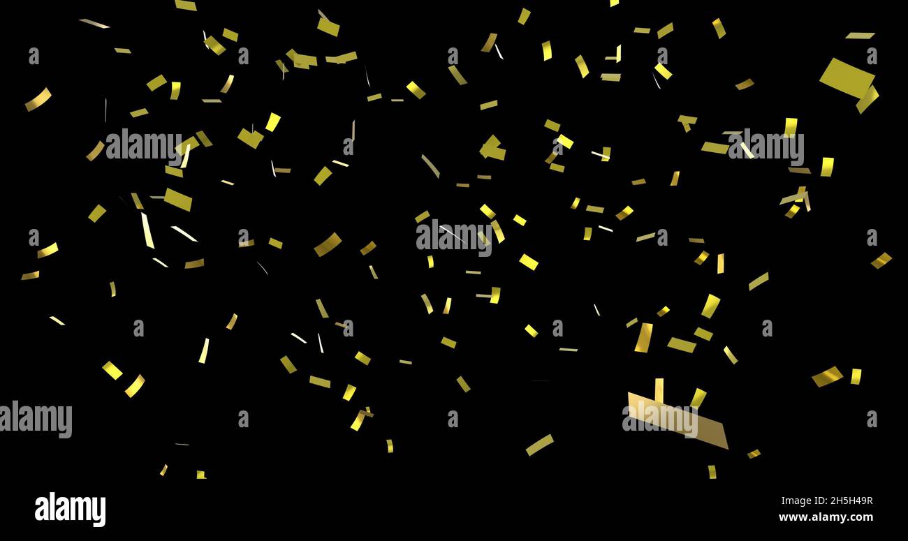 Digital image of gold confetti falling against a black background Stock ...