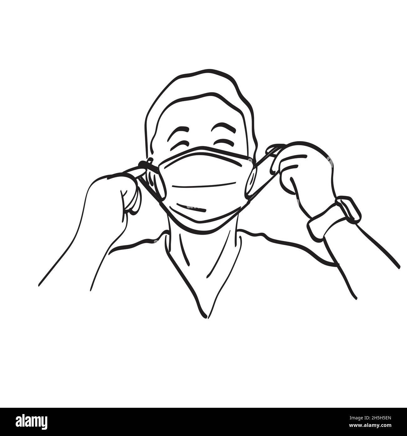 line art closeup man putting on medical mask illustration vector ...