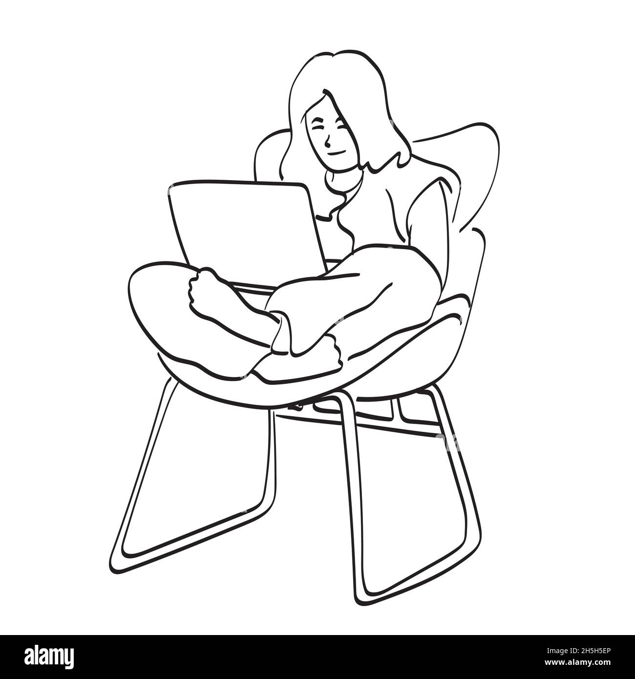 line art businesswoman working on laptop computer at home illustration ...