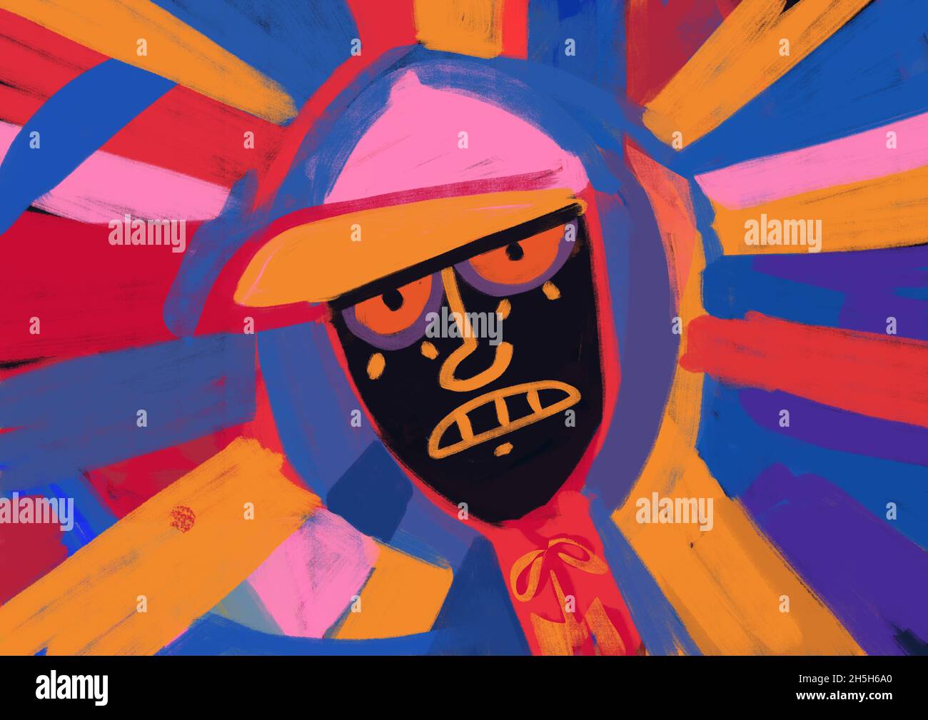 Agitated unhappy man with a cap and colored rays behind him 80s hip hop ...