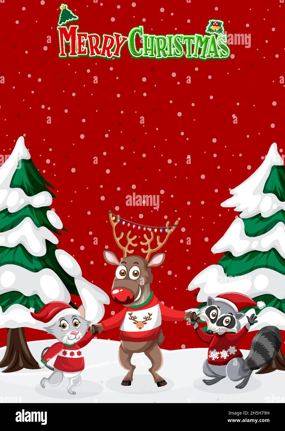 Merry Christmas poster template with reindeer and animal friends ...