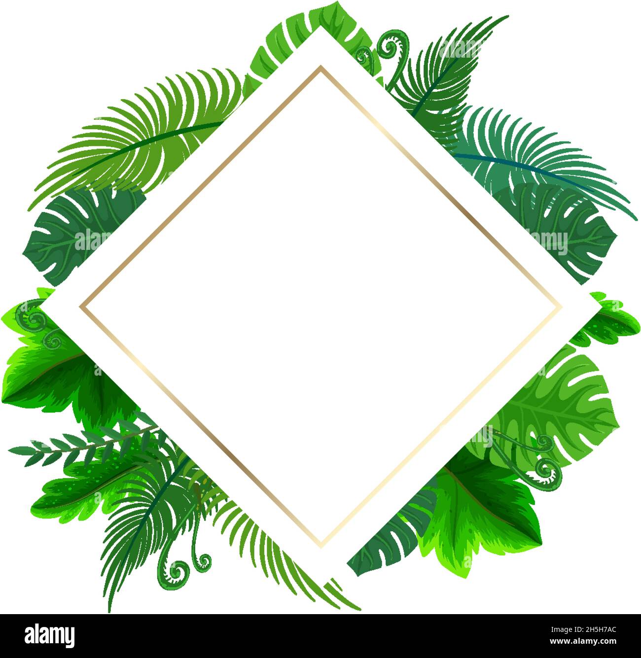 Rotated square frame with tropical green leaves illustration Stock ...