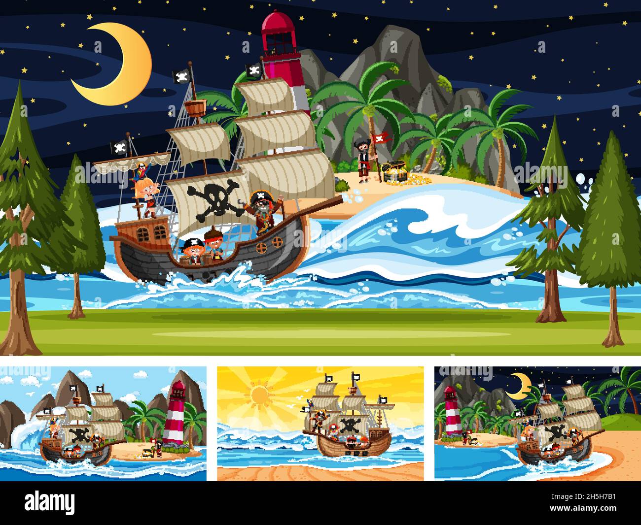Set of different beach scenes with pirate ship and pirate cartoon ...