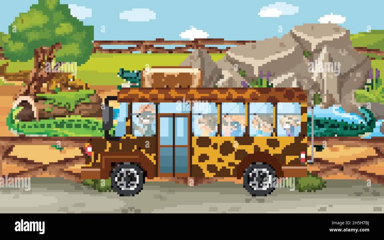 Zoo scene with children in the bus touring illustration Stock Vector ...