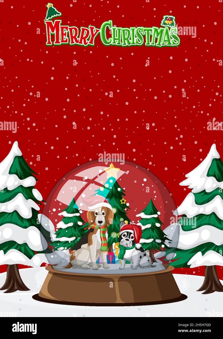 Merry Christmas poster template with dogs in snowdome illustration ...