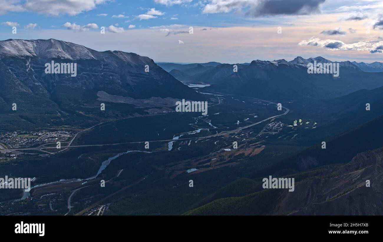 View over Bow River valley in the Rocky Mountains with southern part of ...